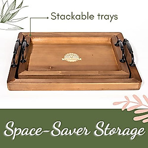 2 Pack Wooden Rustic Serving Tray with Handle for Coffee Bar, Living Room and Patio - Stackable Trays lend Rustic or Farmhouse Feels to Your Home