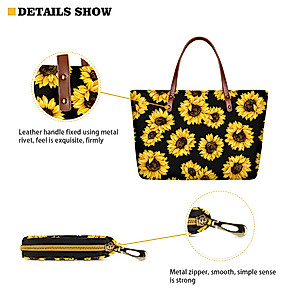 Biyejit Sunflower Skull Tote Bag for Women Girls Casual Top Handle Shoulder Bag Travel Handbag Phone Card Holder Purse Long Wallet for Gift Ladies Bag Sets 2pcs