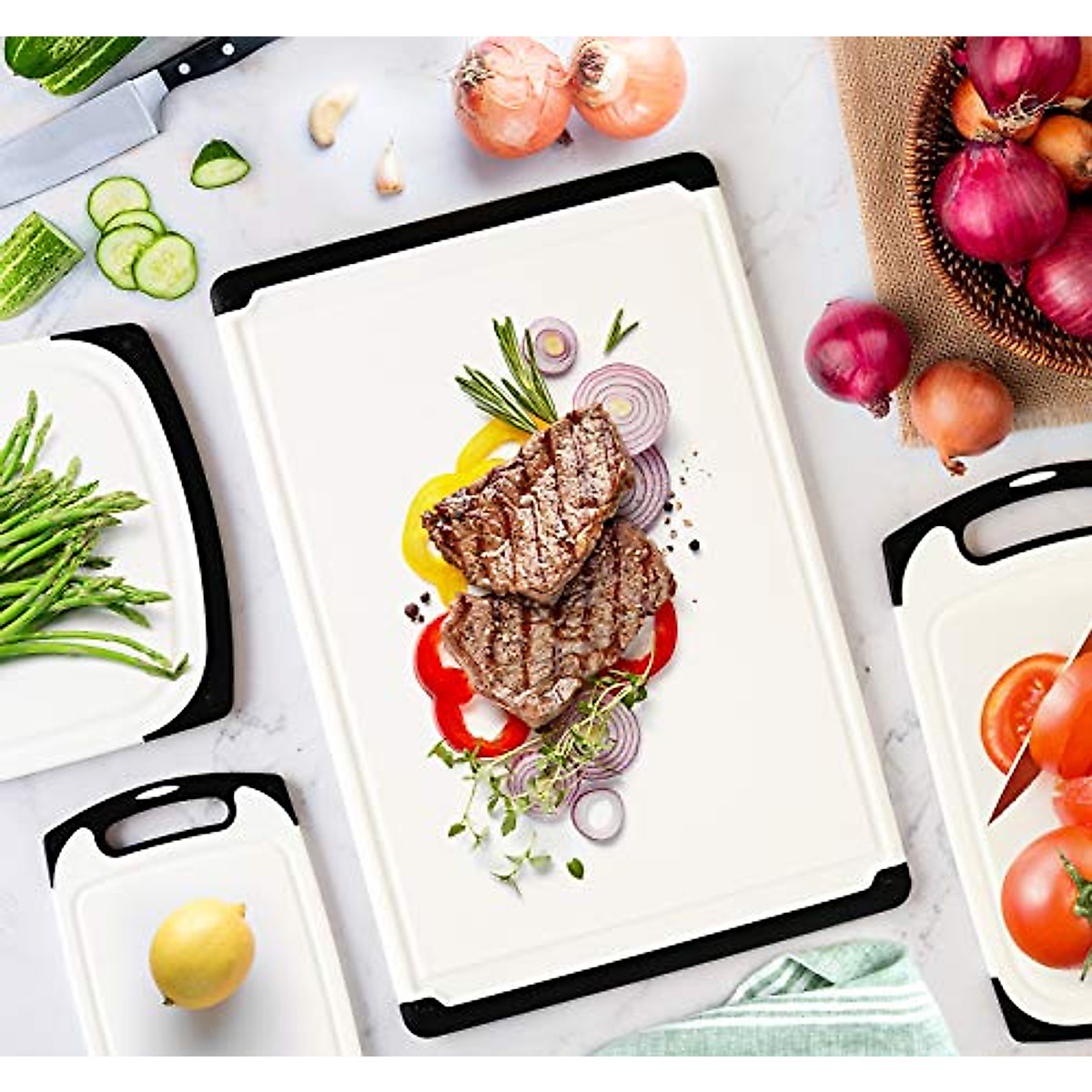 Cutting Boards for Kitchen - Plastic Cutting Board Set with Juice Groove - Set of 4 (Black Trim)…