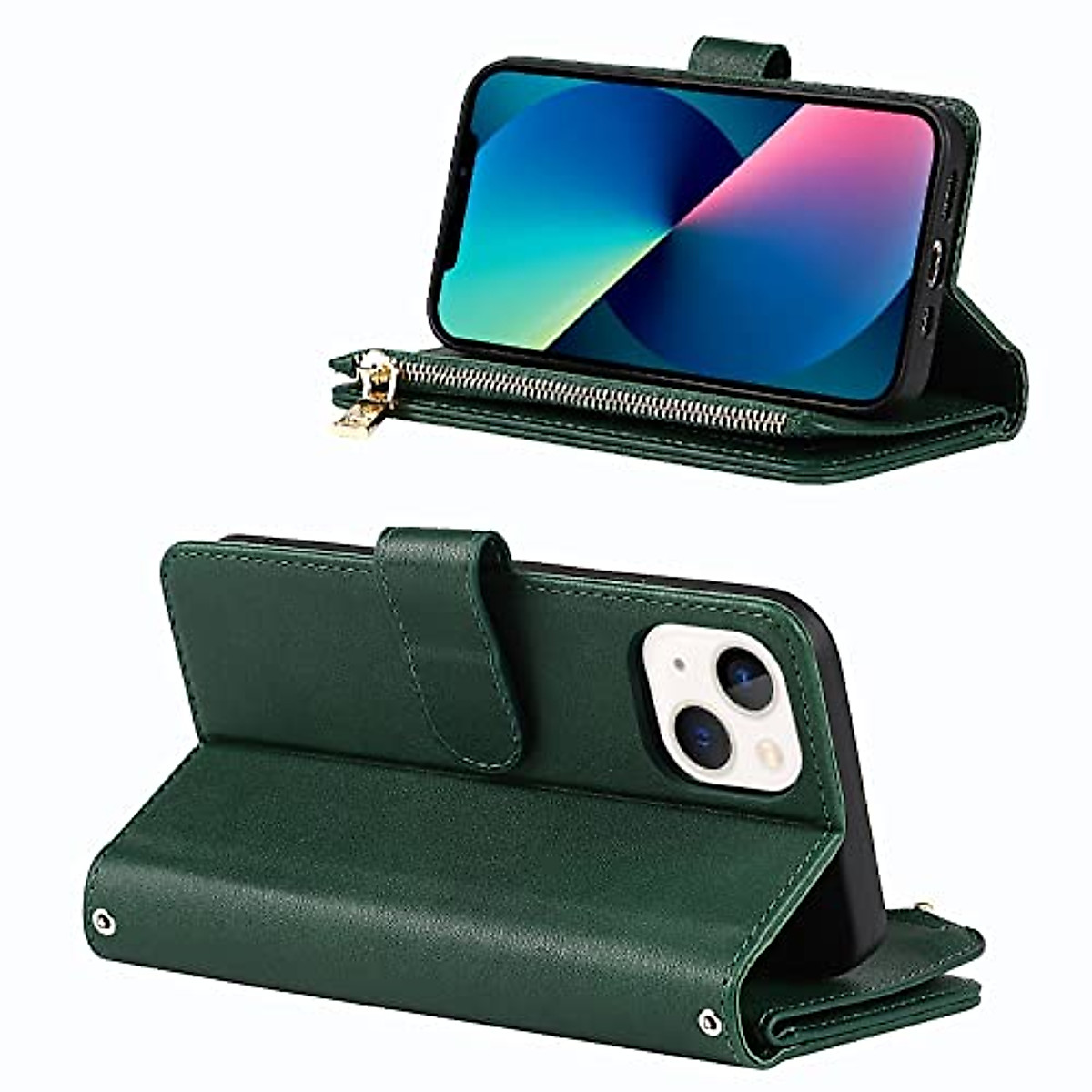 Jaorty for iPhone 13 Mini Phone Wallet Case with Card Holder, Crossbody Strap, Zipper Pocket, PU Leather, Dark Green