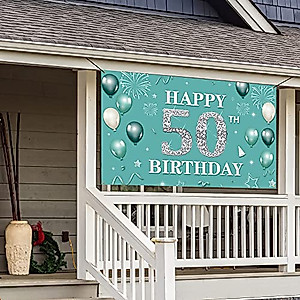 50th Birthday Decoration Backdrop Banner, Teal Silver Happy 50th Birthday Decorations for Women, Turquoise 50 Year Old Birthday Party Photo Booth Props Supplies for Outdoor Indoor, Fabric Vicycaty