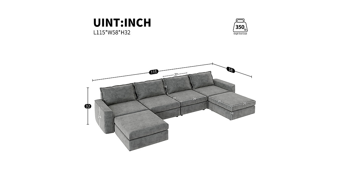 Ball & Cast 115" Chenille U-Shaped Sectional Sofa - Modern Gray Couch