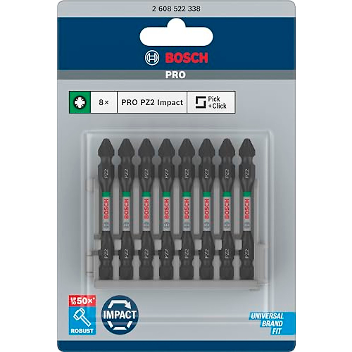 Bosch Professional 8pcs. Double Screwdriver Bit Set Pozidriv (Impact Control, 8 x PZ2-PZ2 Bits, Length 65mm, Pick and Click, Accessory Impact Drill)