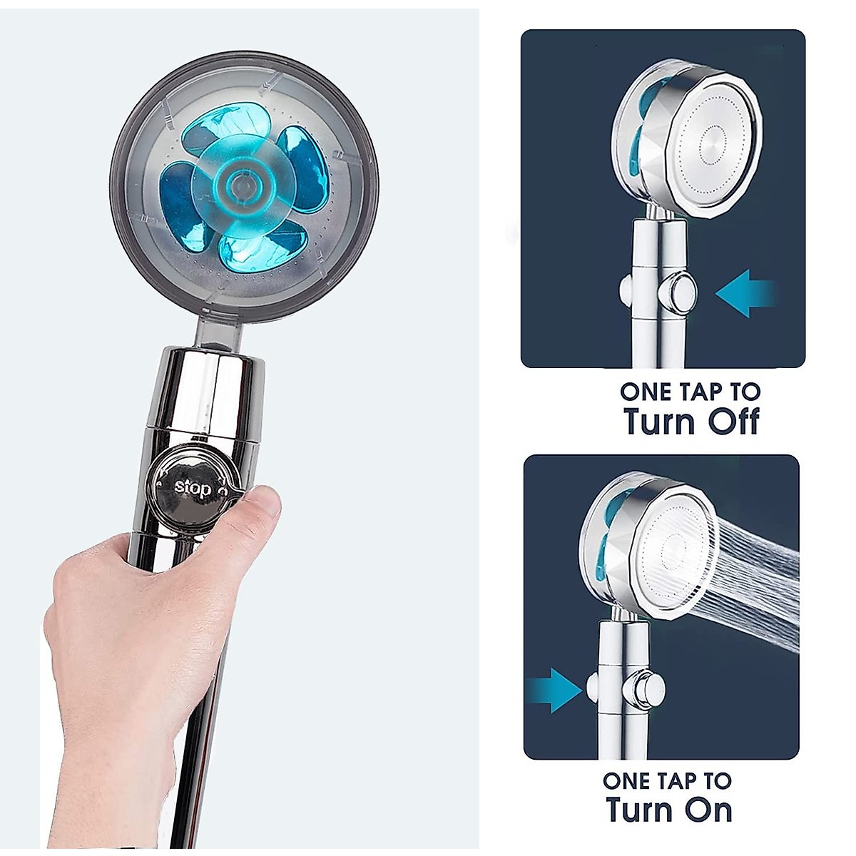 GEOONA Turbo Shower Head with ON/Off Switch,Handheld High Pressure Vortex Shower Head 360 Degrees Rotating ，Water Saving Showerheads with Handheld and Hose (Blue)