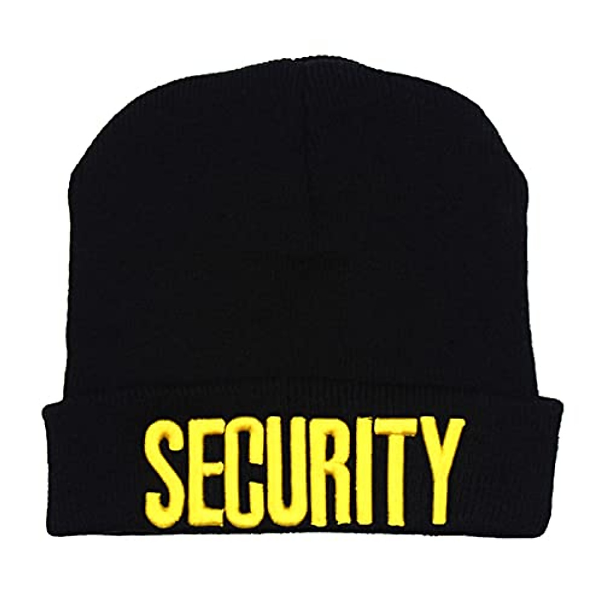 NC Men's Security Black with White Yellow Letters Long Knitted Cuffed Beanie Folded Embroidered Beanie Skull Watch Cap Hat (Gold Color)