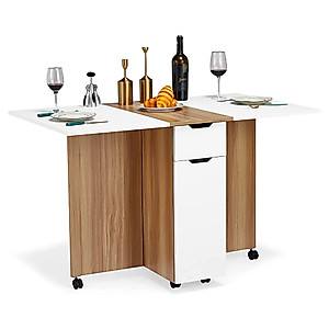 JOMEED Folding Dining Table with 6 Wheels, Drawer and 2-layer Storage Shelf, Drop Leaf Table for Small Space Space Saving Dining Table for Kitchen, Living Room (White and Wood Grain)