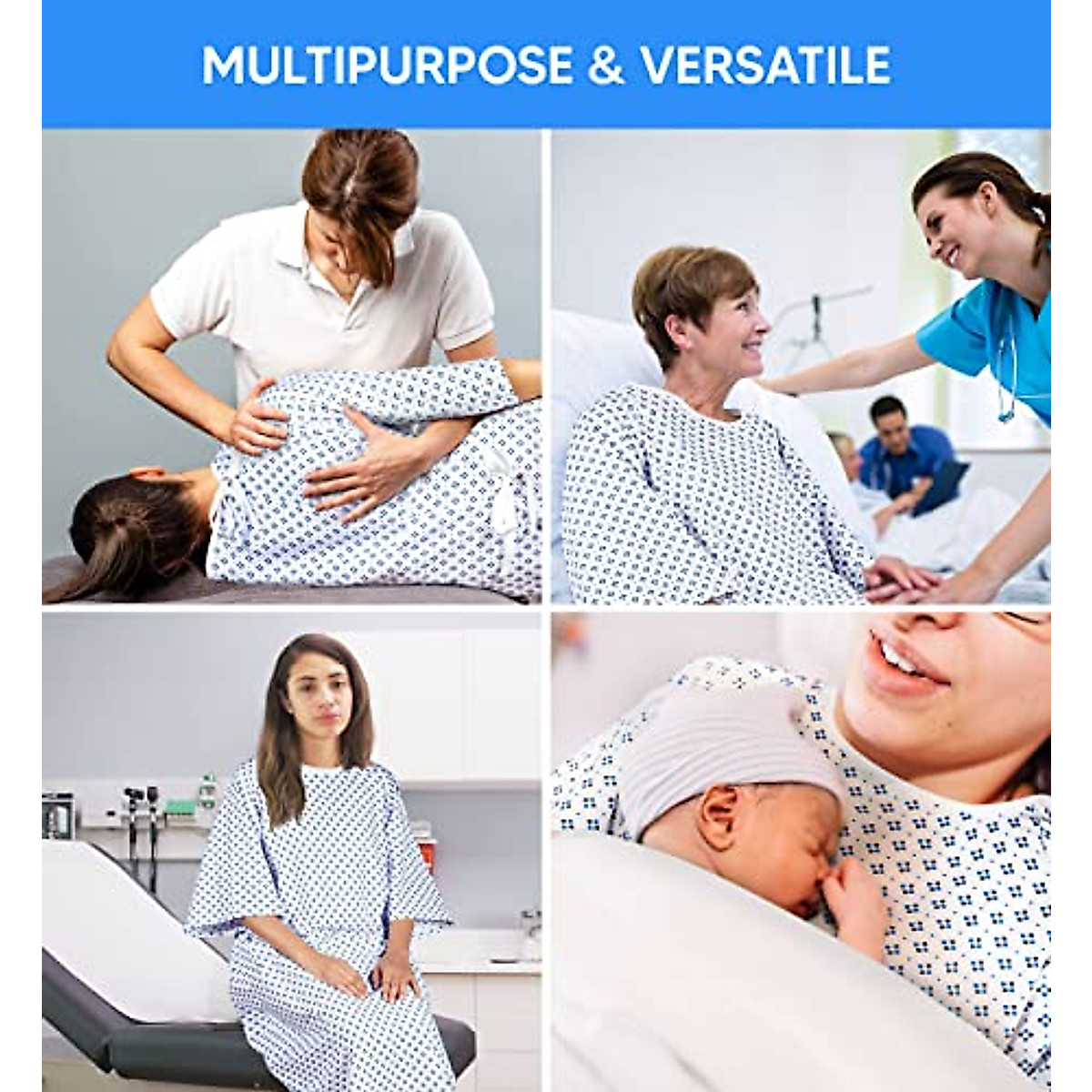 Premium 4 Pack Hospital Gown for Men and Women - Finest Cotton Blend - Back Front Tie - Fit Easily Up to XXL Size - Durable Wrinkle-Free Patient Gown - Reusable and Washable