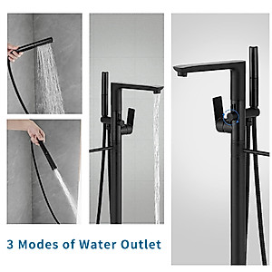 RUMOSE Tub Filler Freestanding Bathtub Faucet with 12.2 Inches Towel Bar Matte Black Floor Mount Tub Faucet Swivel Spout High Flow Bathtub Filler with Handheld Sprayer, Towel Rack