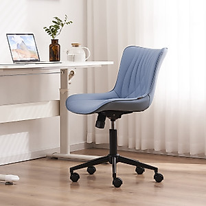YOUNIKE Office Chair, Armless Desk Chair with Wheels, Aesthetic Home Office Computer Task Chairs, Modern Faux Leather Upholstered Vanity Chair, Adjustable Swivel Rocking Chair with Back, Blue