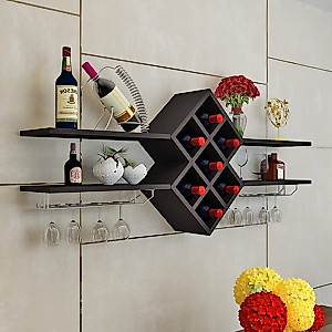 Gdrasuya10 Wine Rack Display Sets Wall Mounted, Set of 5 Wine Rack Shelves Liquor Storage Rack Wine Bottle Holder Shelf Set with Goblet Rack Multifunctional Rack (Black)