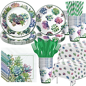 Xigejob Succulent Party Decorations Tableware - Succulent Party Supplies Dinnerware For Birthday & Baby Shower & Wedding & Bridal Shower, Paper Plate, Cup, Napkin, Tablecloth, Cutlery Straw | Serve 24