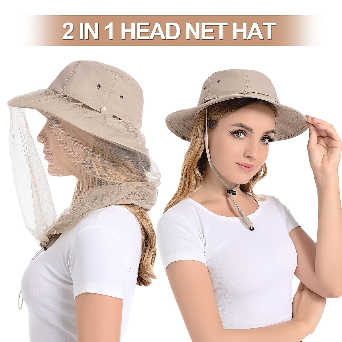 Mosquito Head Net Hat - Bug Cap UPF 50+ Sun Protection with Hidden Netting for Beekeeping Hiking Men & Women Khaki
