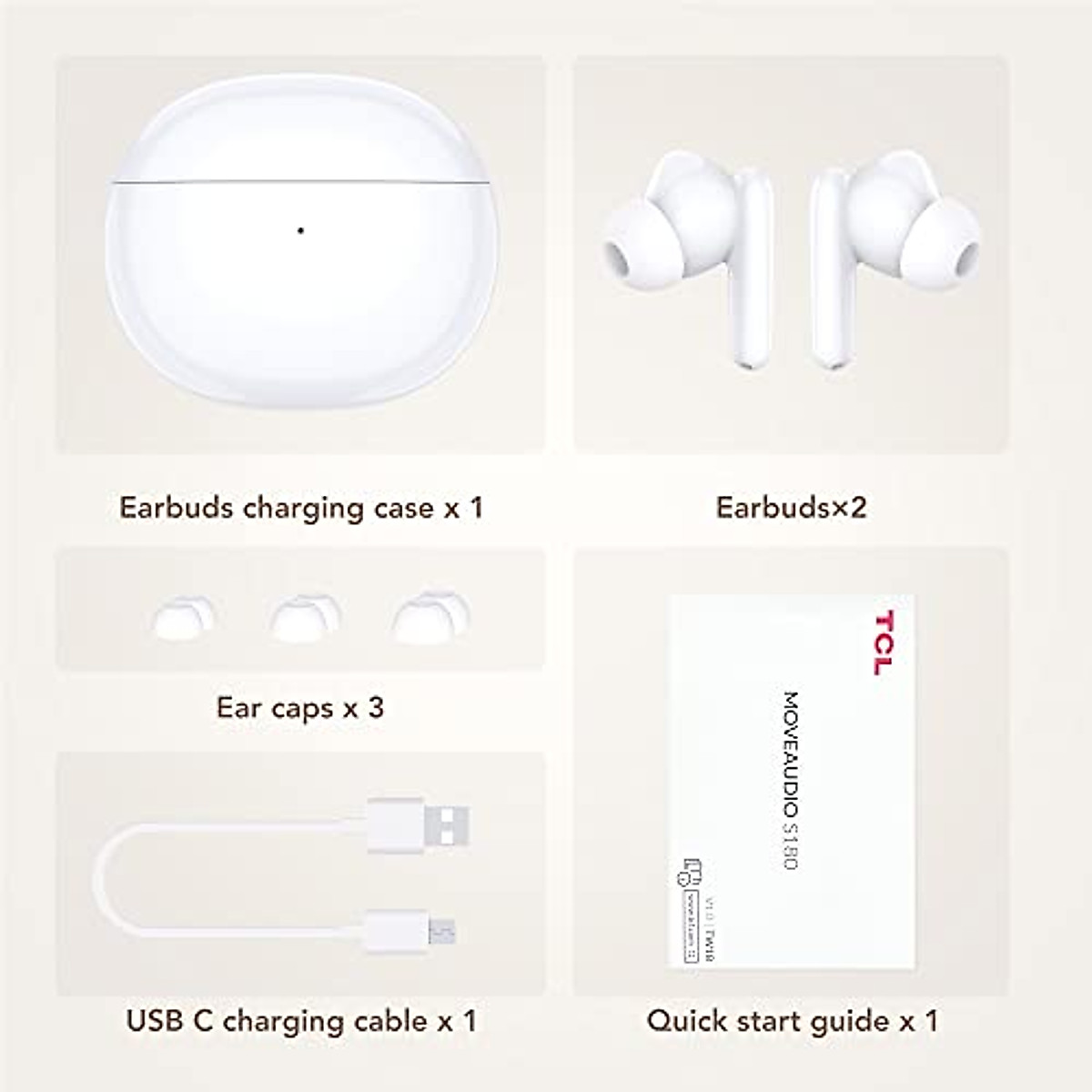 TCL True Wireless Earbuds MOVEAUDIO S180 Active Noise Cancelling Wireless Earbuds Auriculares, 10mm Hi-Fi Bass, 30H, Built-in Mic, Waterproof,ENC Calls in-Ear Earbuds for Android Apple, Ivory White