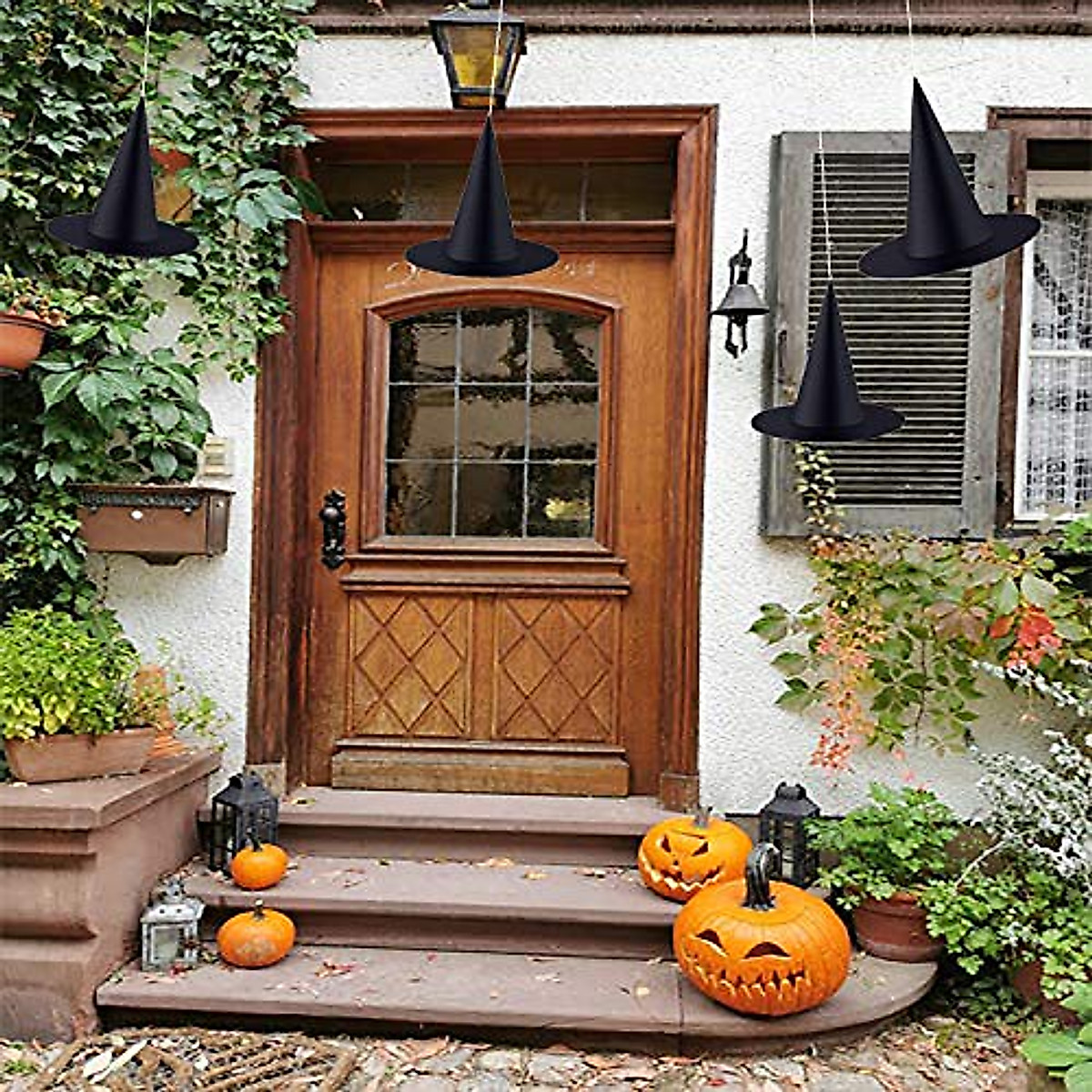 ZeeDix 8 Pcs Halloween Black Witch Hats- Halloween Hanging Decorations Witch Hat with 98 Feet Hanging Rope for Halloween Costume Accessories Party Decoration