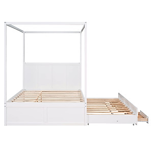 Favfurish Queen Size Canopy Platform Bed with Twin-Size Trundle and Three Storage Drawers,Easy to Assemble,Wood Bed-Frame for Children Teens Adults,Suitable for Bedroom,White
