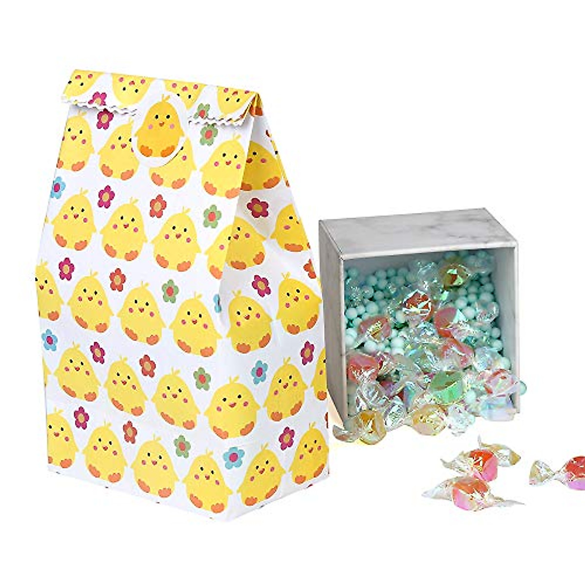 VEYLIN 24Pcs Easter Goodie Paper Bags, Flat Bottom Candy Bags with 32Pieces Circle Sticker for Easter Party Supplies