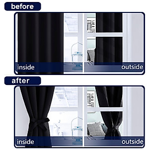 Hiasan Back Tab and Rod Pocket Blackout Curtains Sewn with Tiebacks - Thermal Insulated Room Darkening Curtains for Bedroom 42x63 Inch, Black, 2 Panels