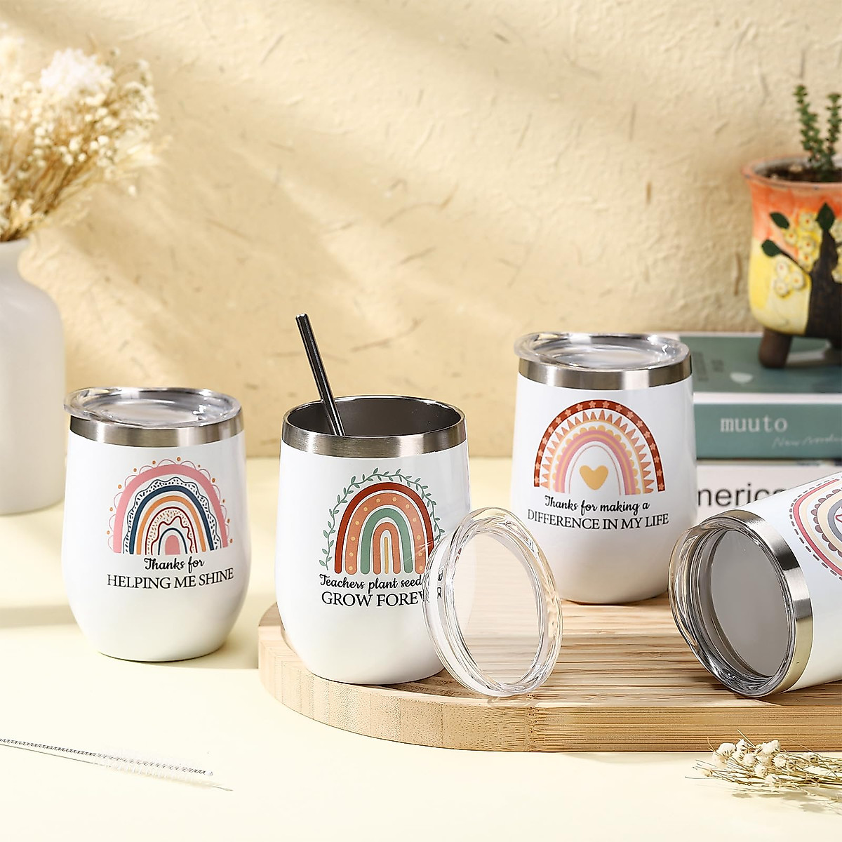 10 Pack Teacher Gifts Mug Bulk Boho Rainbow Wine Tumbler Thank You for Being Awesome Stainless Steel Tumbler with Lids Straws and Brushes Insulated Coffee Tumbler for Woman Teacher Present, 12 oz