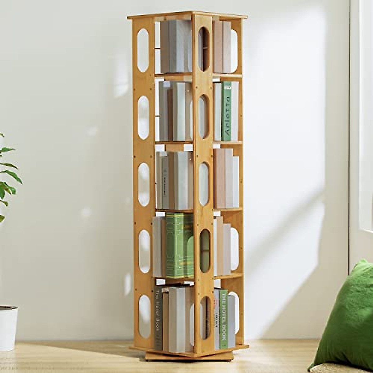 MoNiBloom 5 Tier Bookcase 360 Degree Rotating, Tall Bamboo Book Shelf Storage Display Rack Organizer with Semi-Hollow for Living Room Corner, Front Window, Natural