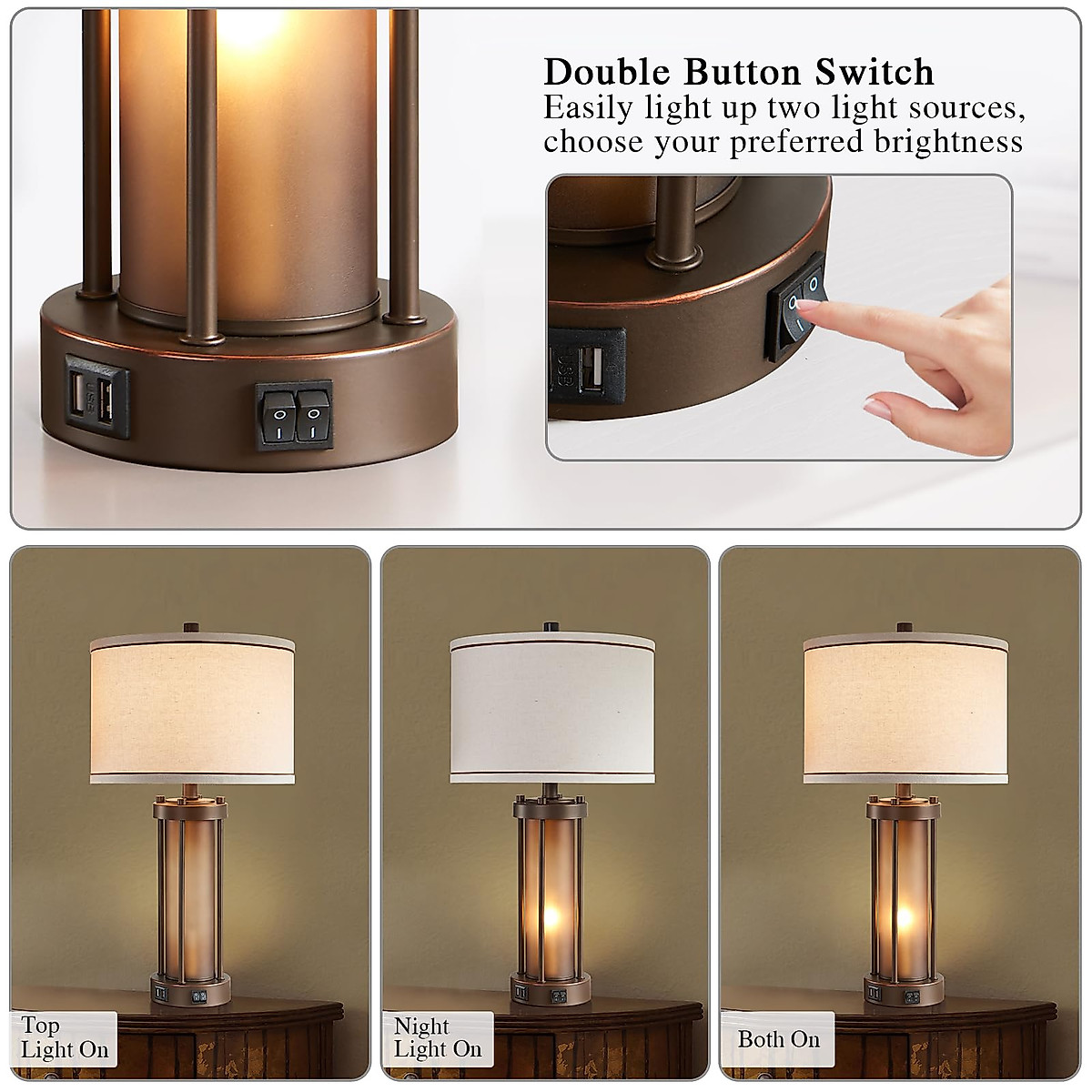 RORIA Set of 2 Farmhouse Table Lamps for Living Room with 2 USB Ports, Vintage Rustic Nightstand Lamps with Amber Glass Nightlight, Retro Desk Lamps for Bedroom Entryway, 4 Bulbs Included (Brown)