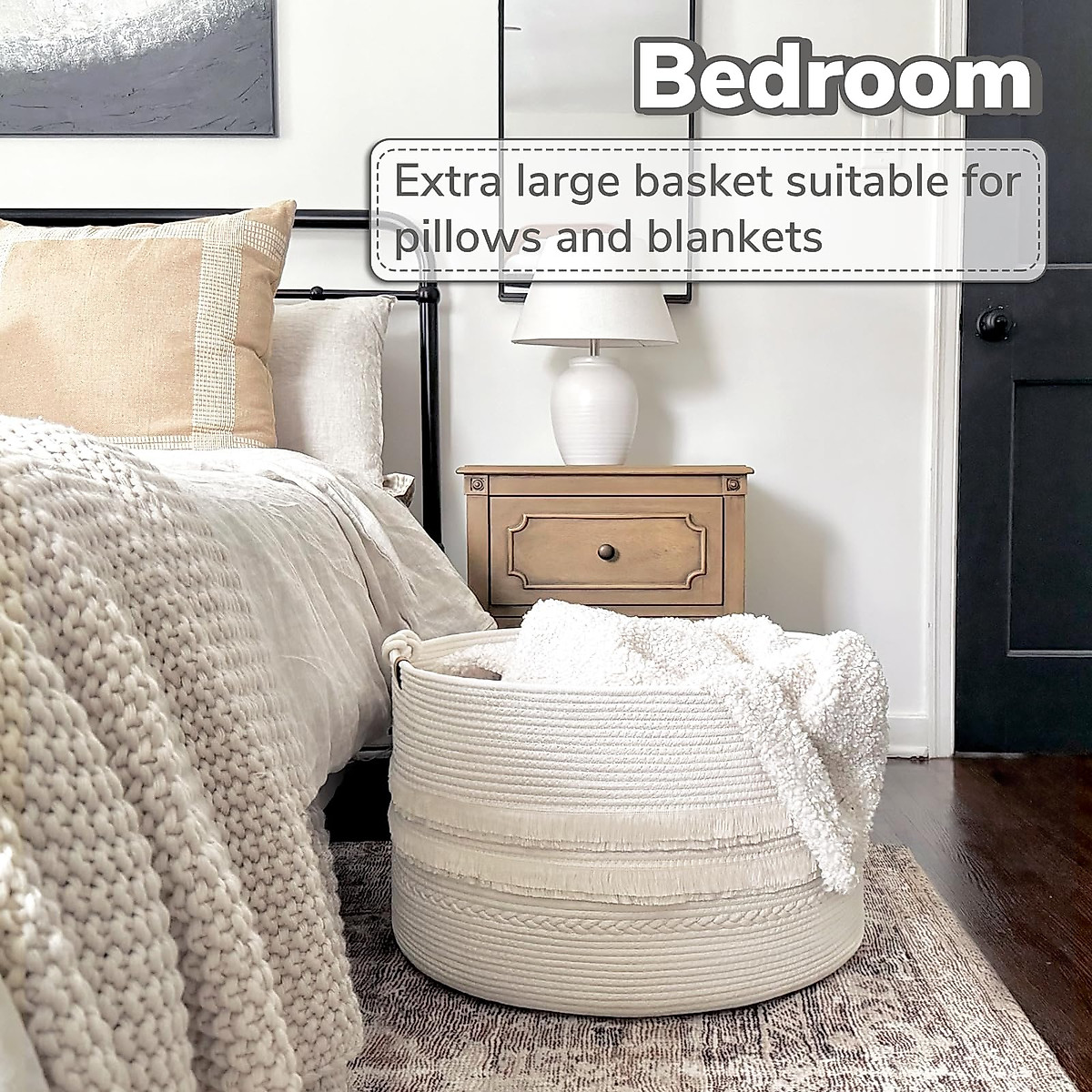 CherryNow Large White Woven Storage Basket, Boho Decorative Basket for Home Decor, Towel basket for Bathroom, Bedroom, Living room, Baby Nursery Basket for Clothes, Toys, Blankets, 22 x 14 inches