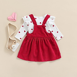 Comeonze My First Valentine's Day Newborn Infant Baby Girl Outfits Heart Print Ribbed Romper Corduroy Strap Dress Skirt Set (red,6-9 Months)