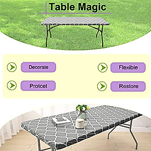Vinyl Fitted Tablecloth for 6 ft Rectangle Table, Gray Moroccan Design, Waterproof Elastic Table Cover with Flannel Backed Lining, Fits 30"x72" Folding Table, for Outdoor Picnics/Travel/Holiday/Party