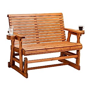 VINGLI Outdoor Glider Bench Wood Patio Glider with Cup Holders, Porch Glider Chair Outdoor Bench Glider Loveseat with Smooth Rocking Mechanism, Heavy Duty 800 LBS