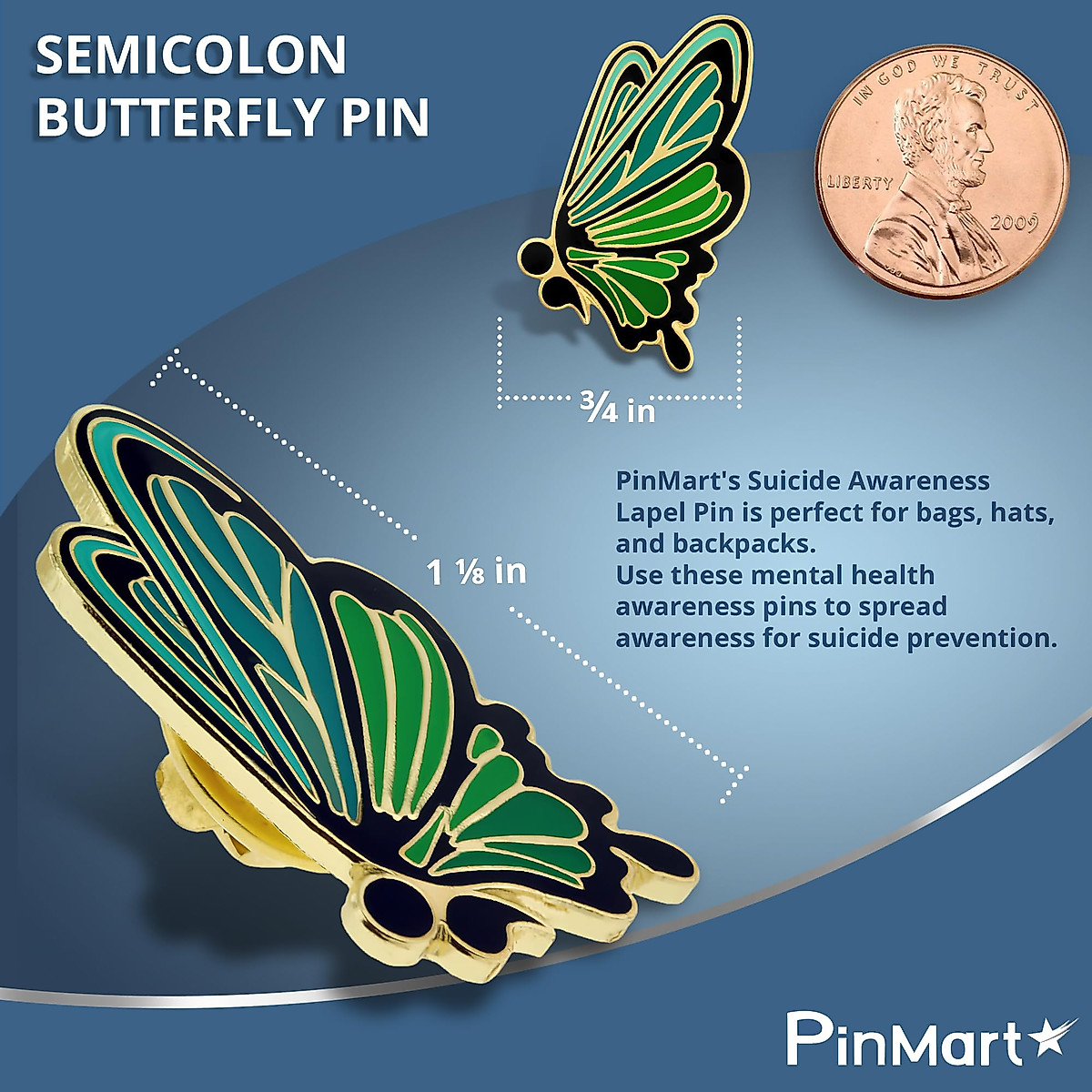 PinMart Green Semicolon Butterfly Mental Health Suicide Awareness Lapel Pin - Support Mental Health Matters with Suicide Awareness Pins for Bags and Nurse Scrubs