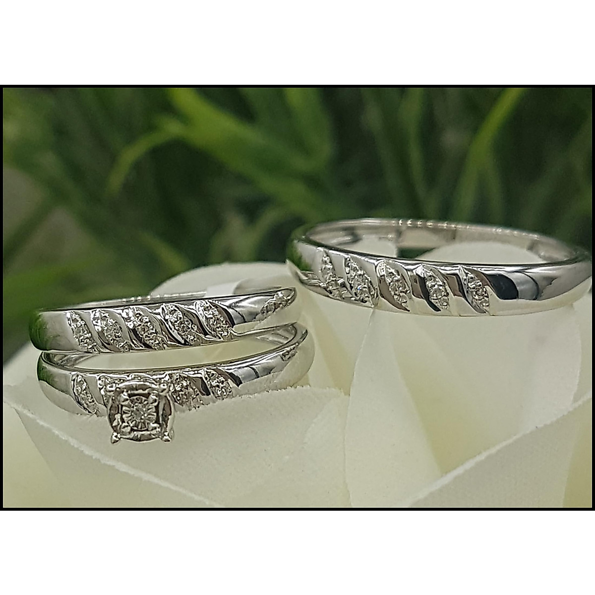 Dazzlingrock Collection Round White Diamond Illusion Set Wedding Trio Ring Set for Women & Men (0.05 ctw) in 10K White Gold, W-7 and M-10
