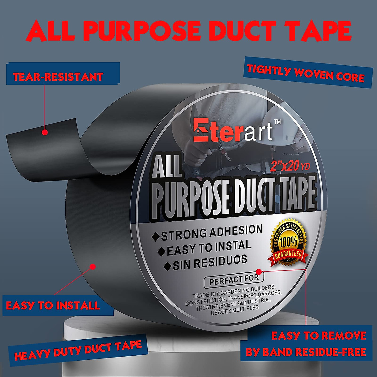 ETERART Duct Tape Haevy Duty Strong Industrial Max Strength Tape, No Residue and Tear by Hand, Multi-Purpose, Indoor & Outdoor Use, 2 Inch x 20 Yards (Black)
