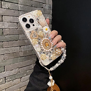 iFiLOVE for iPhone 14 Pro Max Bling Diamond Case with Flower Strap, 3D Luxury Sparkle Glitter Crystal Rhinestone Pearl Love Rose Wristband Bracelet Case Cover for Girls Women Kids (Champagne)