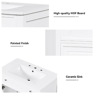 CuisinSmart 30" Bathroom Vanity with Sink Top, Bathroom Storage Cabinet Modern Design Solid Wood Frame Bath Vanity with One Door and Two Drawers White