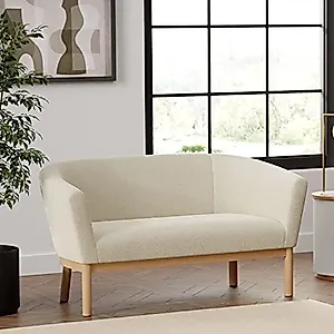 Mid-Century Curved Back Loveseat Sofa - 57.5" - Luxury and Comfortable Home Decor for Offices, Living Rooms, and Bedrooms - Solid Wood Legs and Breathable Fabric Cushions (Ivory)