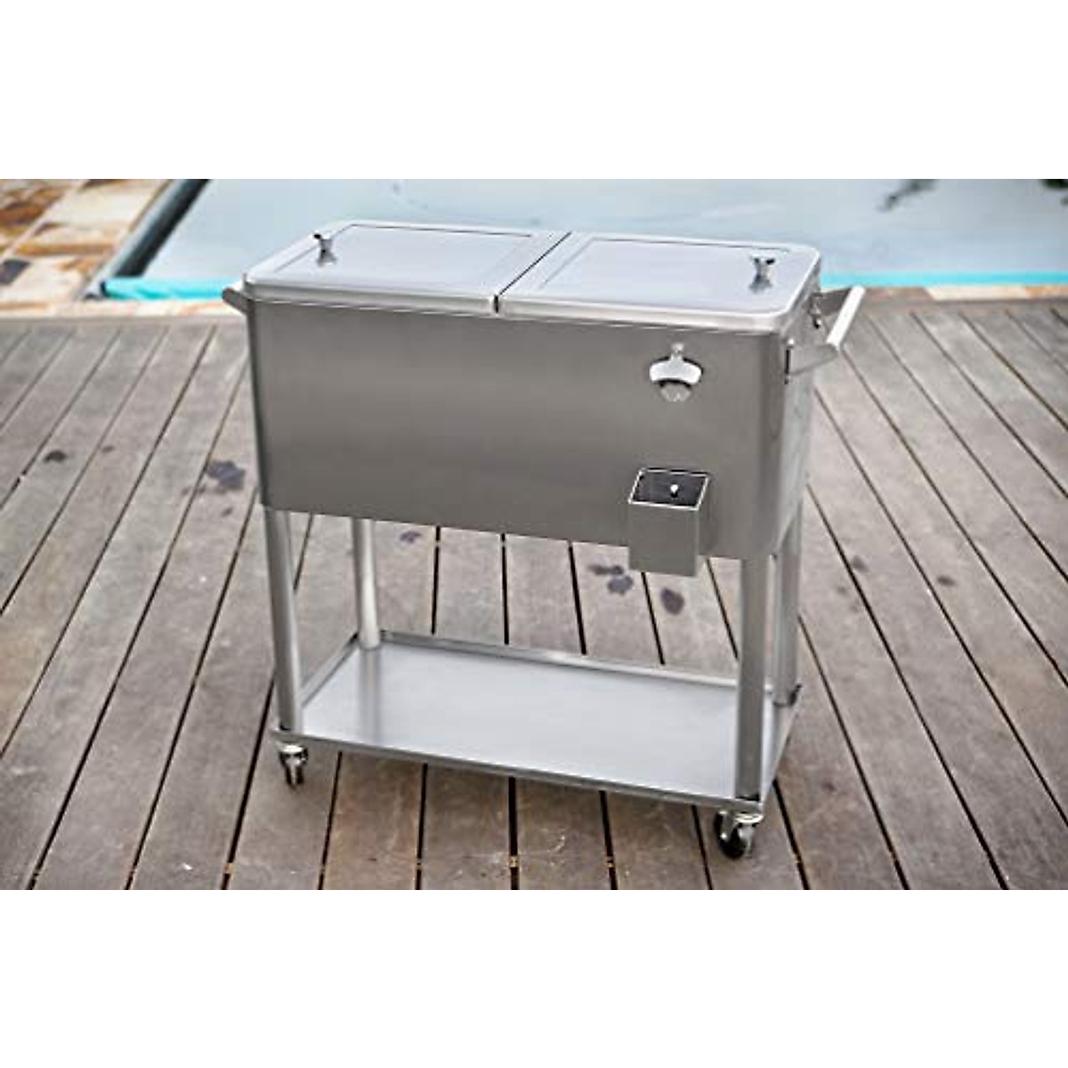 Permasteel PS-206-SS-AM 80 Quart Rolling Patio Cooler with Bottom Tray, Stainless Steel