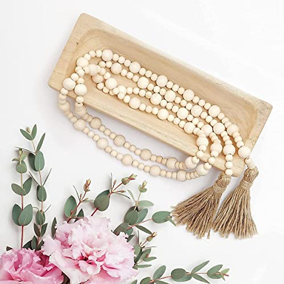 Warm Toast Designs - Wooden Dough Bowl with Stylish Wooden Bead Garland - Dough Bowls for Decor - Wooden Bowls for Decor Make a Beautiful Addition to your Home