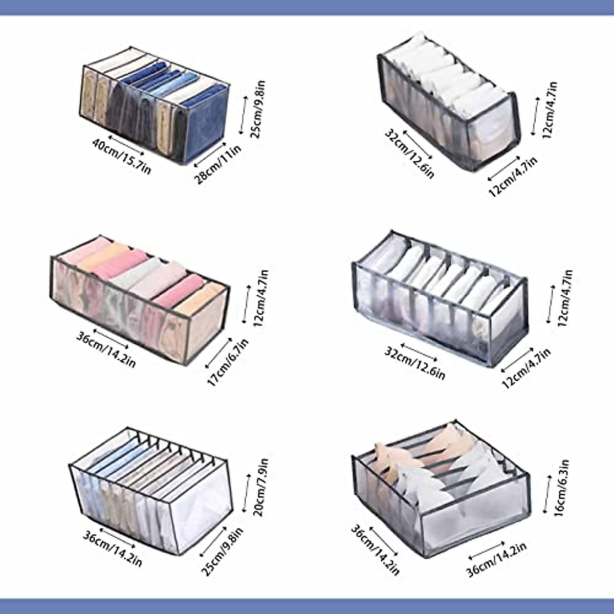 6 Pcs Clothes Organizer,Drawer Organizer Clothes,Wardrobe Drawer Organizers Clothes Closet Storage ,Foldable Mesh Separation Box for T-shirt, Socks, Legging, Scarves, Underwear (Grey, 6/7/11 Grids)