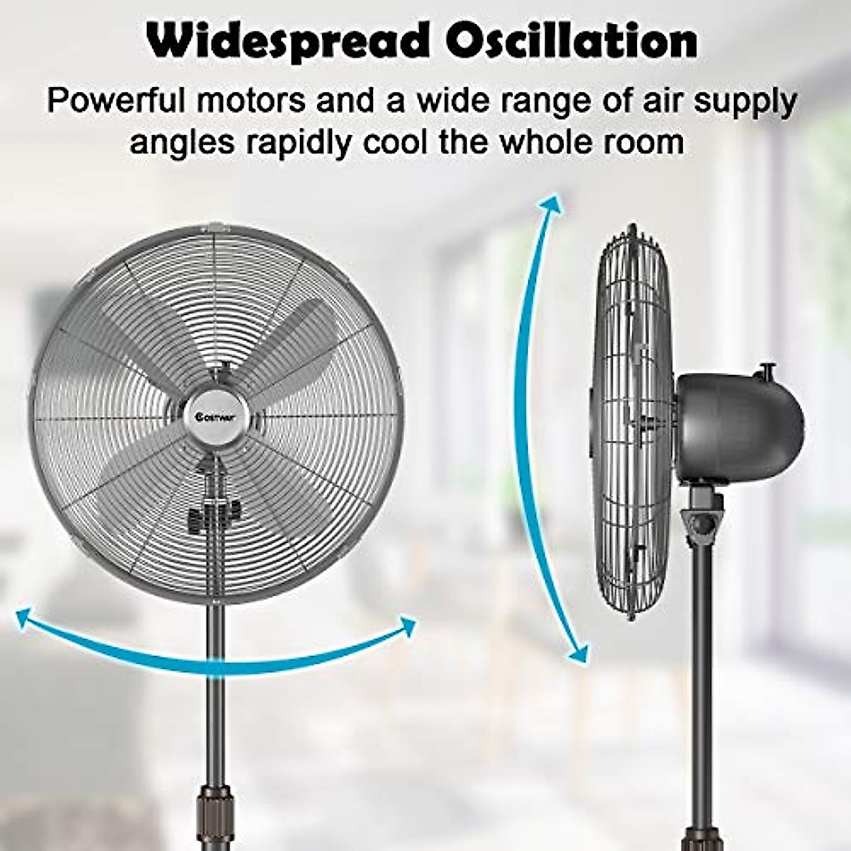 COSTWAY Metal Pedestal Fan, 18-Inch Quiet Oscillating Standing Fan with Height Adjustable, 3 Wind Speed, 4 Blades, Widespread Stand Floor Fan for Bedroom, Room, Home, Office, Shop (Black bronze)