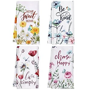 Cunhill 4 Pcs Spring Floral Kitchen Towels Decorative Dish Towels Absorbent Hand Towels Flower Terrycloth Tea Towels Reusable Towels Dishcloth Kitchen Gift for Summer Women Bathroom Home Housewarming