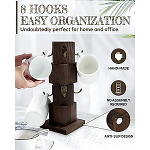 PUERSI Coffee Mug Holder for Counter, Rustic Solid Wood Mug Tree, Farmhouse Wooden Coffee Cup Rack, Distressed Mug Stand with 8 Hooks (Rustic Brown)