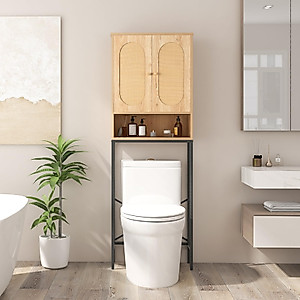 Giantex Over The Toilet Storage Cabinet - 69" Over Toilet Bathroom Organizer with Rattan Doors, 5 Compartments & Adjustable Foot Pads, Farmhouse Space Saver Storage Rack for Restroom, Laundry Room