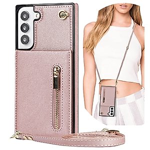 Tncavo Crossbody Wallet Case for Samsung Galaxy S22 for Women, RFID Blocking Card Holder PU Leather Zipper Handbag Purse Phone Cover with Lanyard Strap for Samsung Galaxy S22 XKL Pink