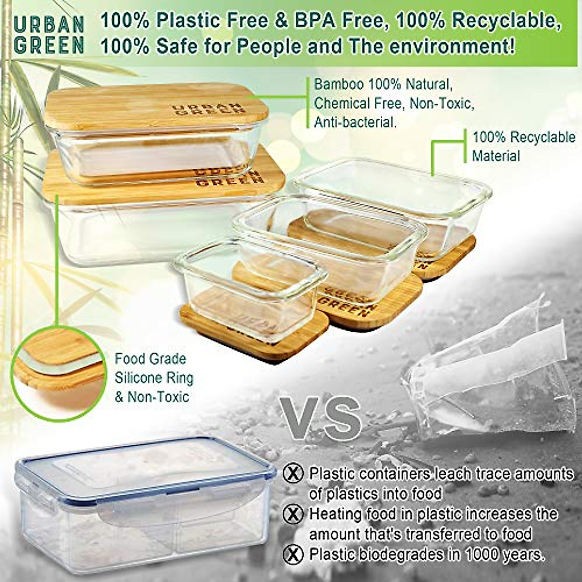 Urban Green Glass Containers with Bamboo Lids, Meal Prep Glass Containers, Glass Food storage Containers, 5 Pack, Pantry & Kitchen Glass Organizer, Lunch glass container, Microwave Oven Freezer Safe