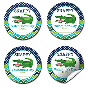 Snappy Alligator Valentine Party Favor Sticker Labels for Boys, 40 2" Party Circle Stickers by AmandaCreation, Great for Classroom Valentines, Envelope Seals, Gifts & Treats