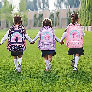 Girls Backpack for Elementary Rainbow Backpack 3 in 1 School Bookbag with Lunch Bag Pencil Case Purple Back to School