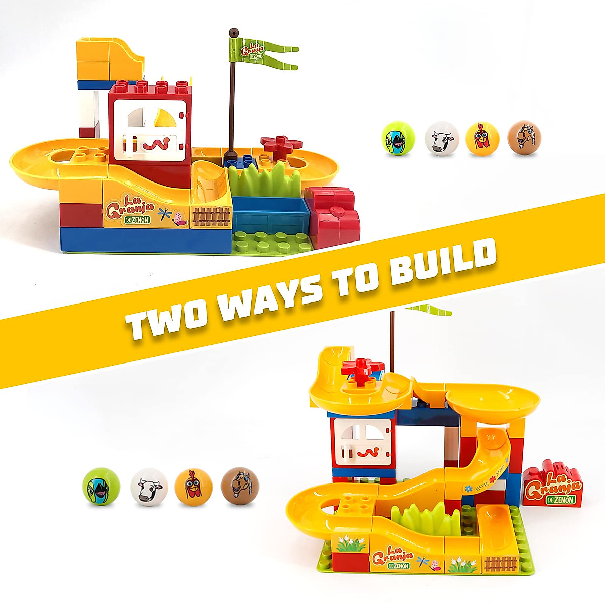 La Granja de Zenon Marble Run Building Blocks Set for Kids Big Bricks Track Maze STEM Toy Race Track Compatible with All Major Brands with 4 Marbles Balls for Boys Girls Toddlers Ages 3 4-8+ (50 PCS)