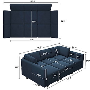 Belffin Modular Velvet Sectional Sofa with Chaise Lounge Sectional Sleeper Sofa with Storage Chaise Sofa Bed Couch for Living Room Blue