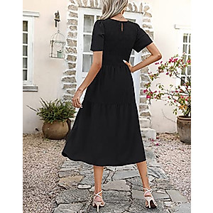 Ellakoko Summer Dresses for Women 2023 Casual Short Sleeve Modest A Line Crew Neck Ruffle Tiered Smocked Midi Black Dress Solid Black M