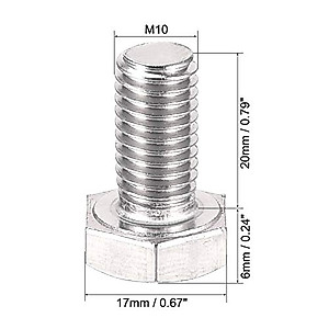 L-A M10 Hex Bolt M10-1.5 x 20mm UNC Hex Head Screw Bolts A2-70(304) Stainless Steel Fully Threaded Hex Tap Bolts (5 Pcs)