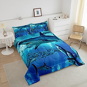 Erosebridal Blue Ocean Bedding Set Twin Size,3D Shark Duvet Insert Underwater Scenery Comforter Set Nautical Sea Animal Aquarium Quilted Duvet Coastal Creature Marine Life Bedroom Decor